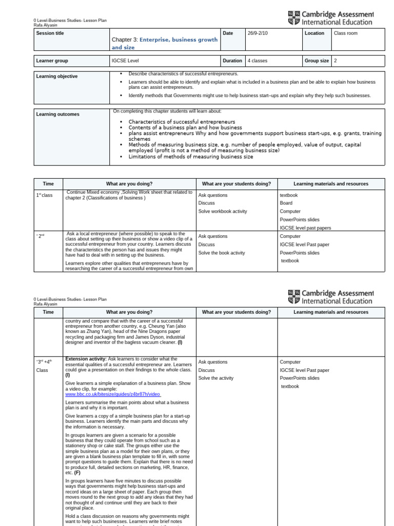 Y9 - Ch3 - Enterprise, Business Growth and Size Weekly Plan | PDF