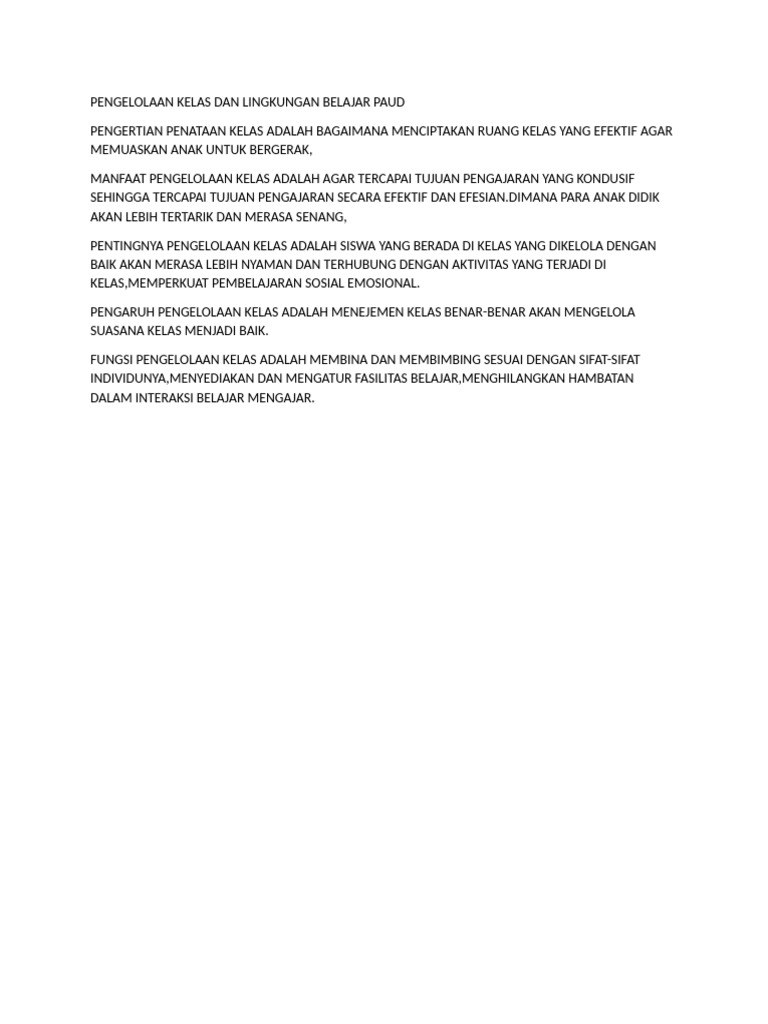 Pengelolaan Kelas Dan Lingkungan Belajar Paud S Wahyuni Ngsih | PDF