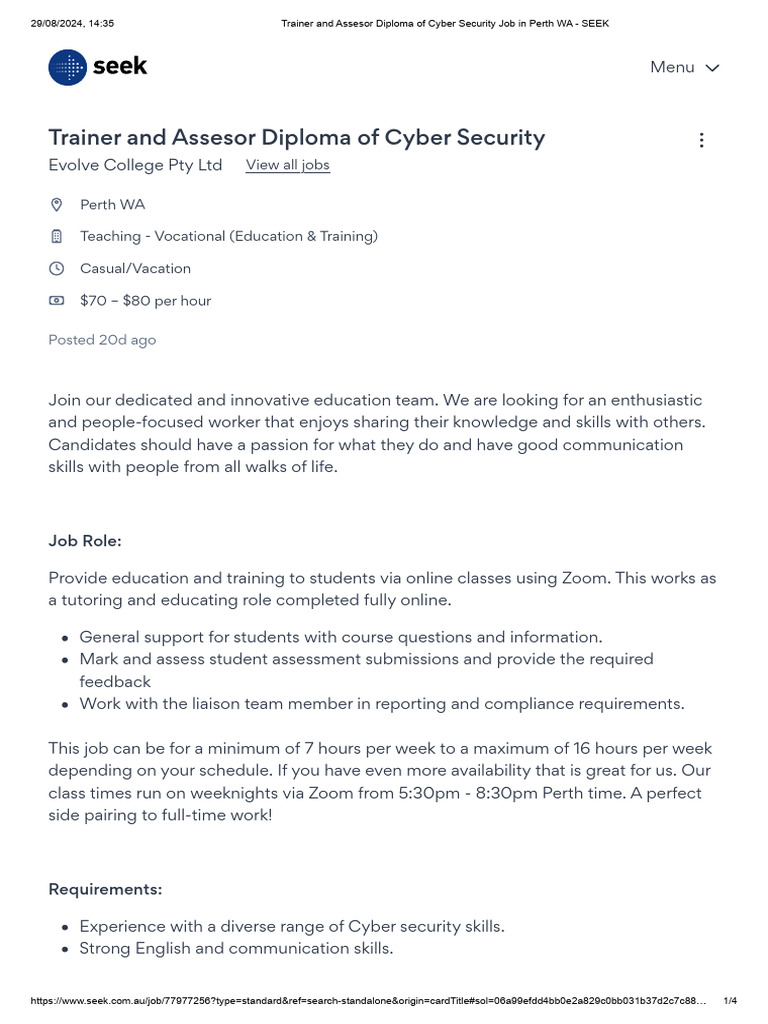 Trainer and Assesor Diploma of Cyber Security Job in Perth WA - SEEK | PDF