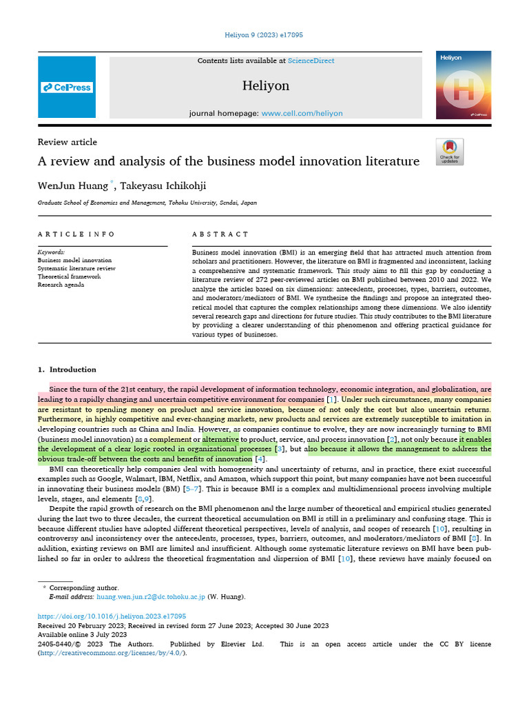 A Review and Analysis of The Business Model Innovation Literature | PDF
