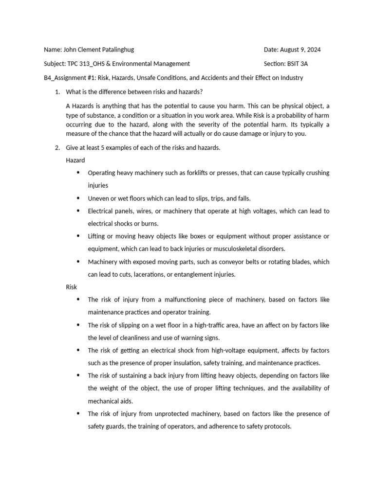 Assignment NO. 1 Risk, Hazards, Unsafe Conditions, and Accidents and ...