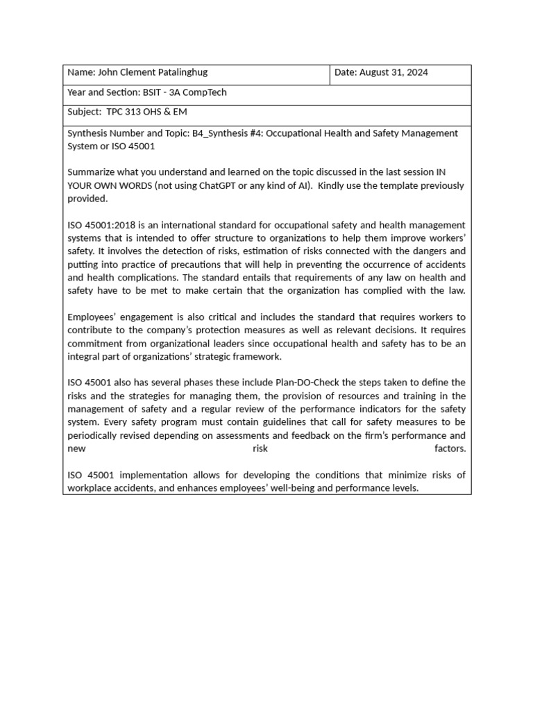 B4 - Synthesis #4 Occupational Health and Safety Management System or ...
