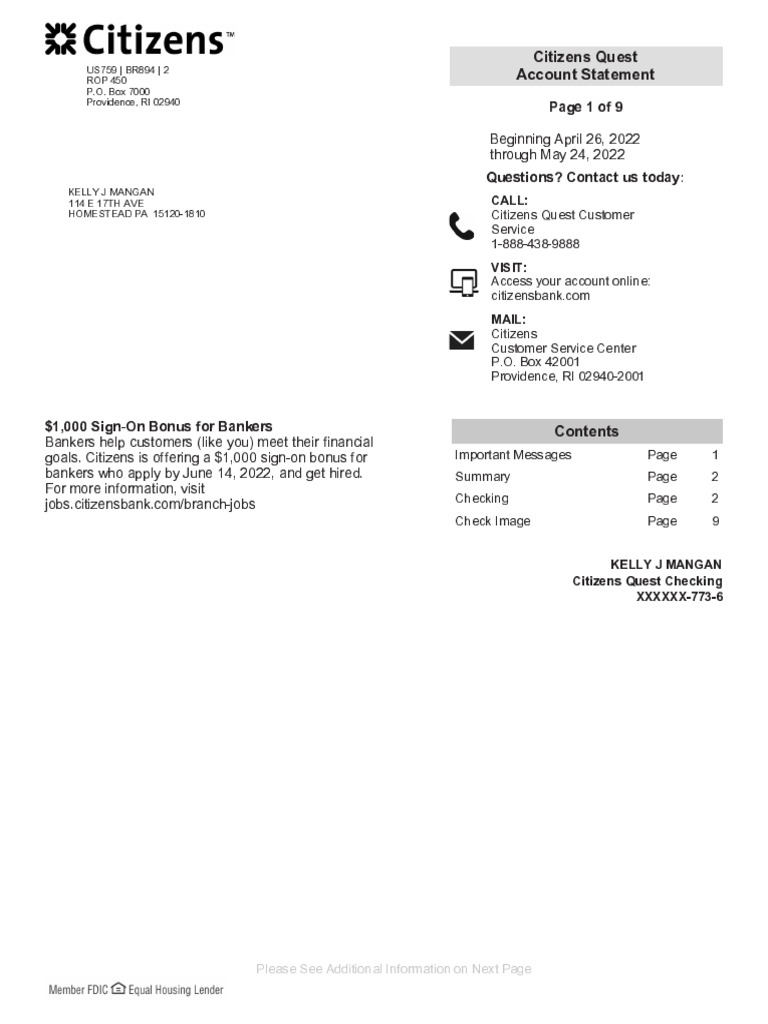 Citizens Quest Checking, May 2022 2 | PDF | Credit Card | Overdraft