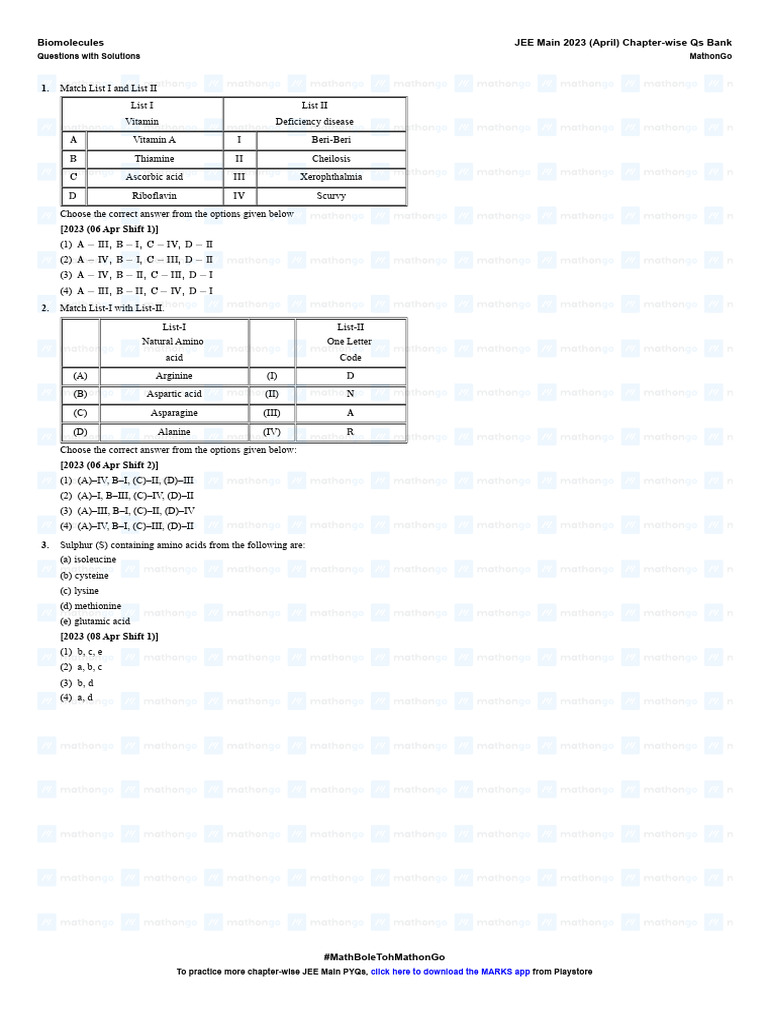 Biomolecules - JEE Main 2023 April Chapterwise PYQ - MathonGo | PDF | Amino Acid | Molecular Biology