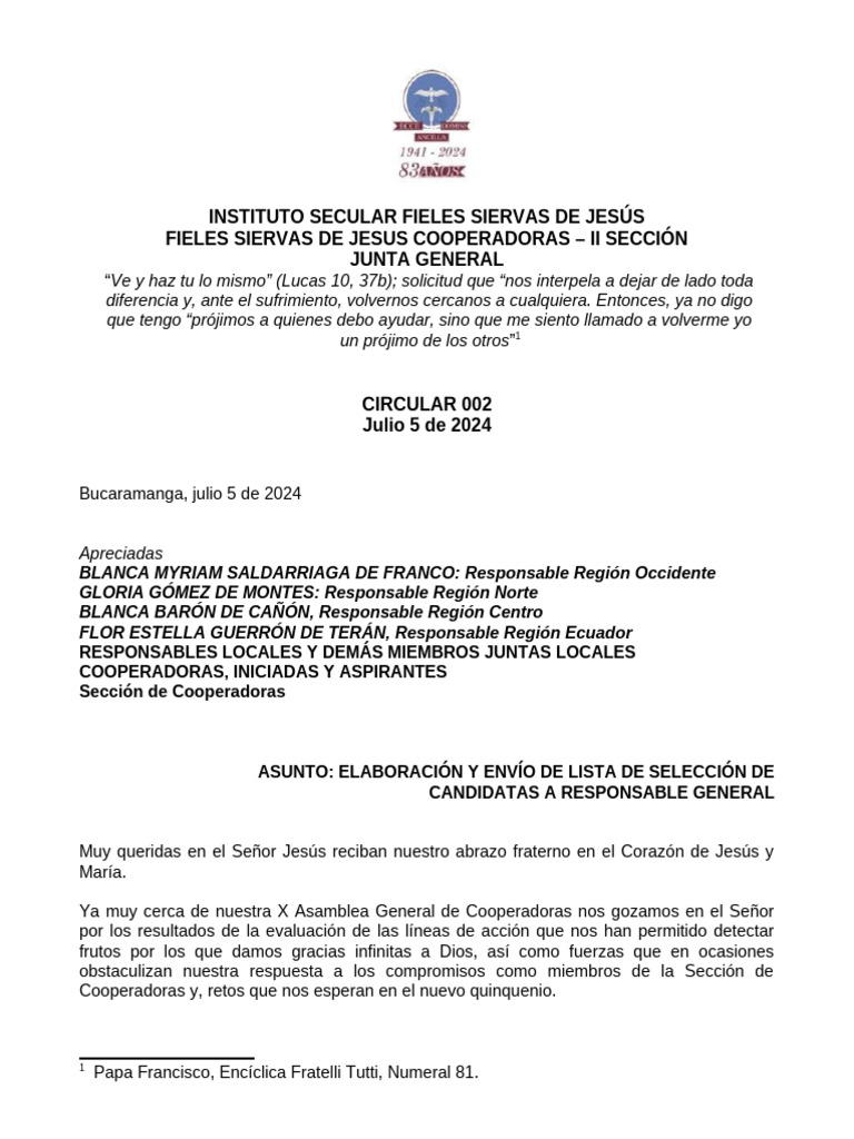 CIRCULAR 002-2024 LLstas Candidatas Responsable General | PDF