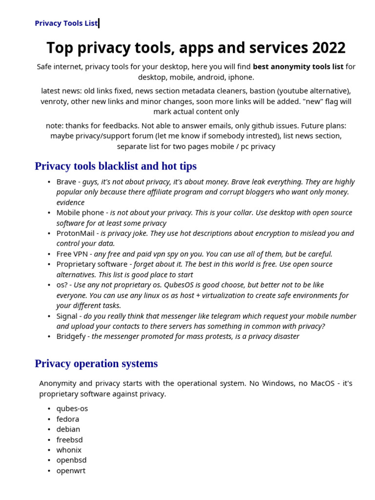 Privacy Tools List, Best Privacy Apps, Top Privacy Services | PDF
