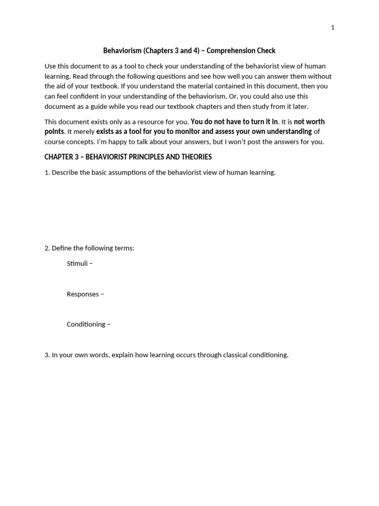 Comprehension Check - Behaviorism | PDF