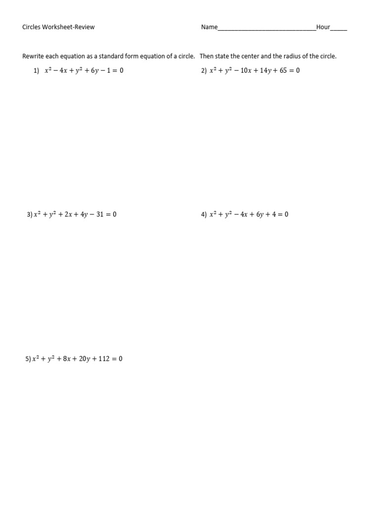 Circles Worksheet Rewrite in Standard Form | PDF
