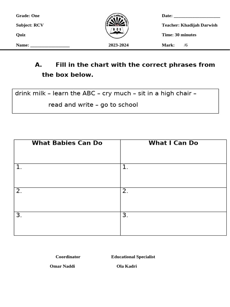 Grade 1 RCV Quiz | PDF