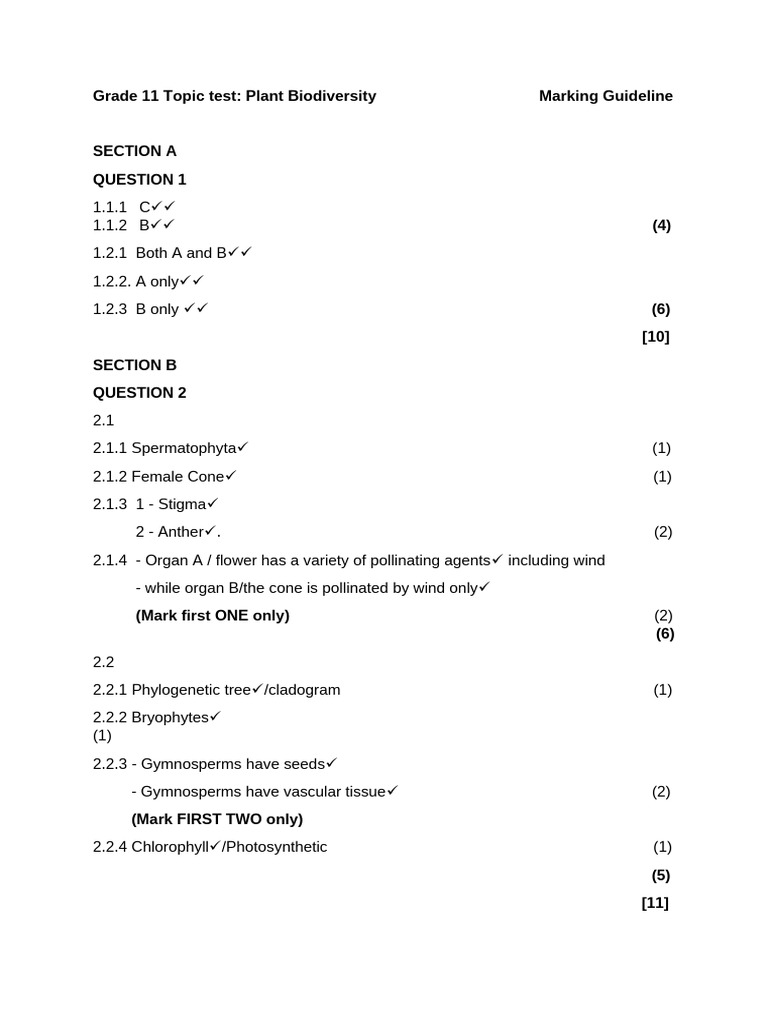 Gr.11 Topic Test Plant Biodiversity Marking Guideline | PDF