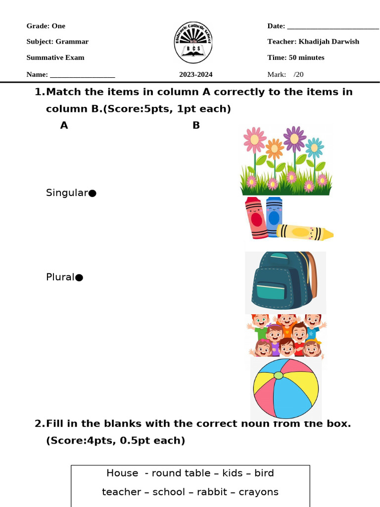 Grade One Grammar Summative Exam | PDF