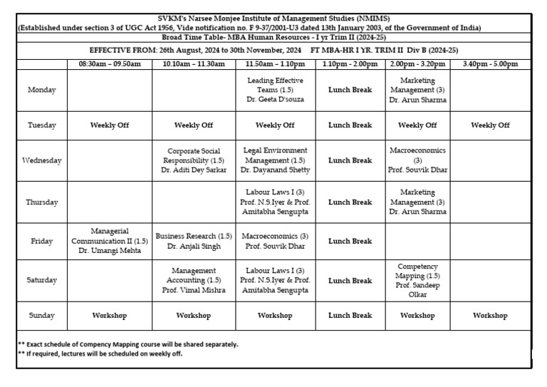 Broad Time Table - MBA HR I Year Trim II (2024-25) - Div B | PDF