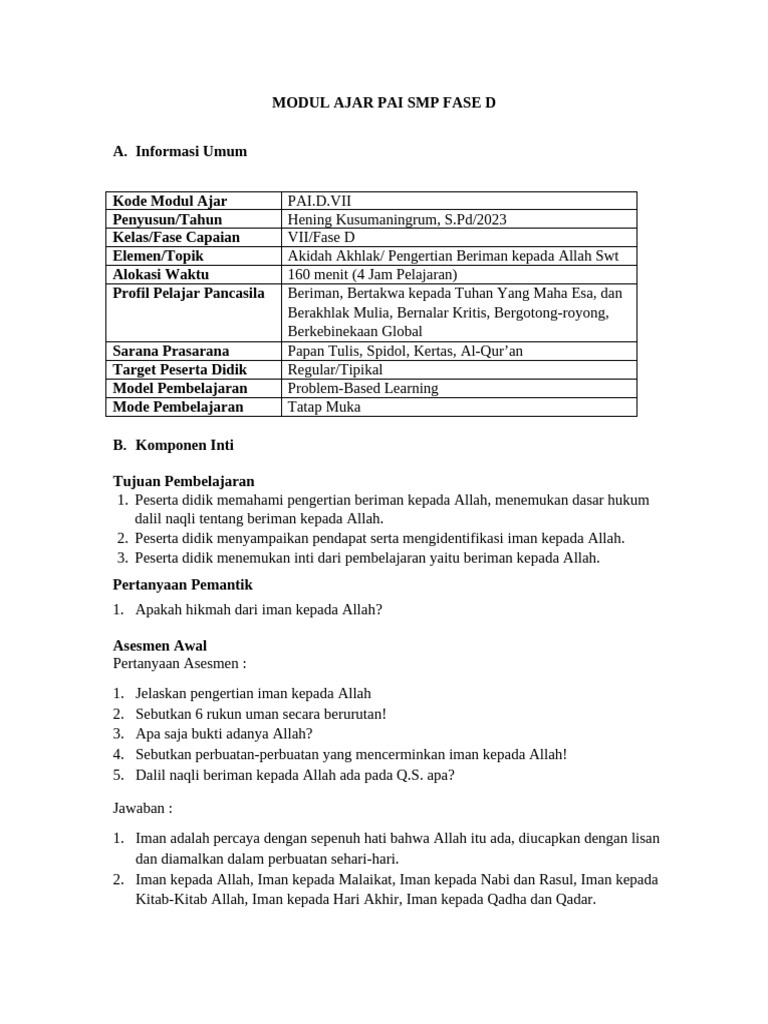 Modul Ajar SMP Akidah Akhlak 2024 2025 | PDF