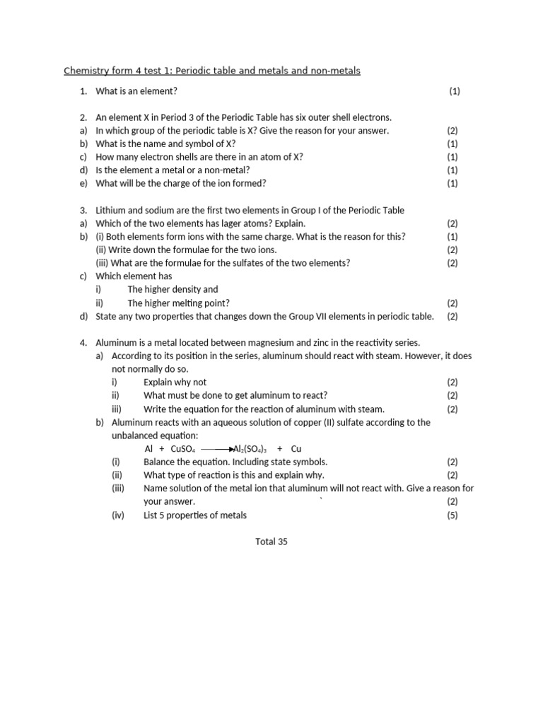 Chemistry Form 4 Test 1 Periodic Table and Metals and Non-Metals | PDF