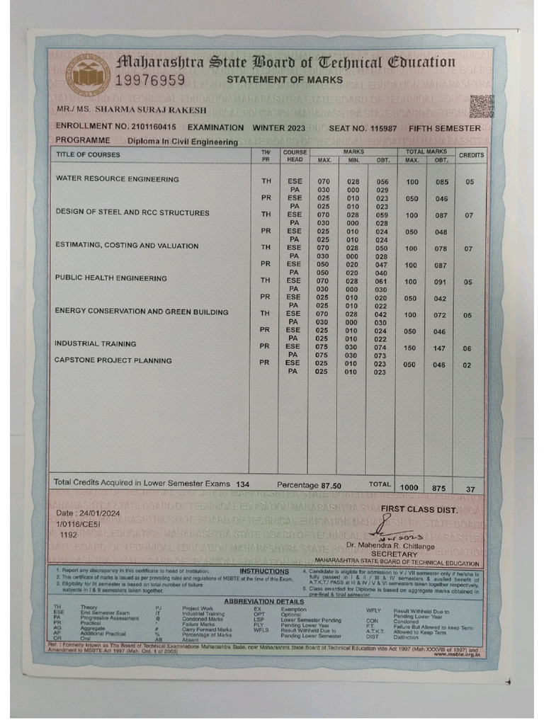 Sem 5 Marksheet | PDF