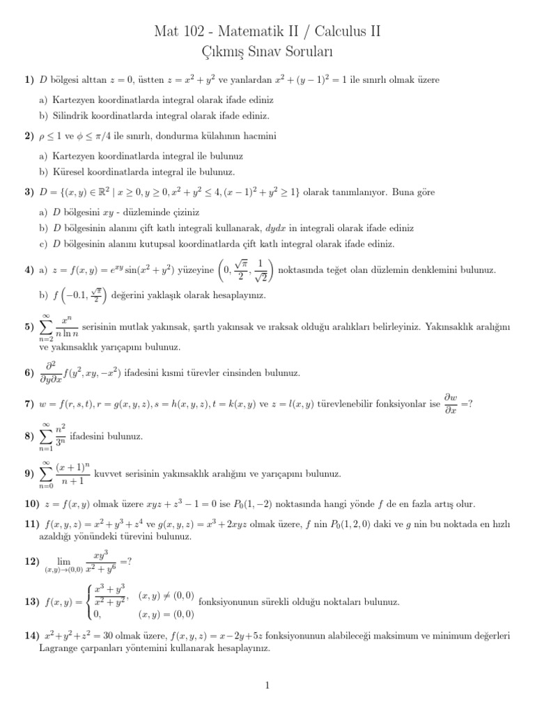 Mat 102 - Matematik II / Calculus II C Ikmı S Sınav Soruları | PDF