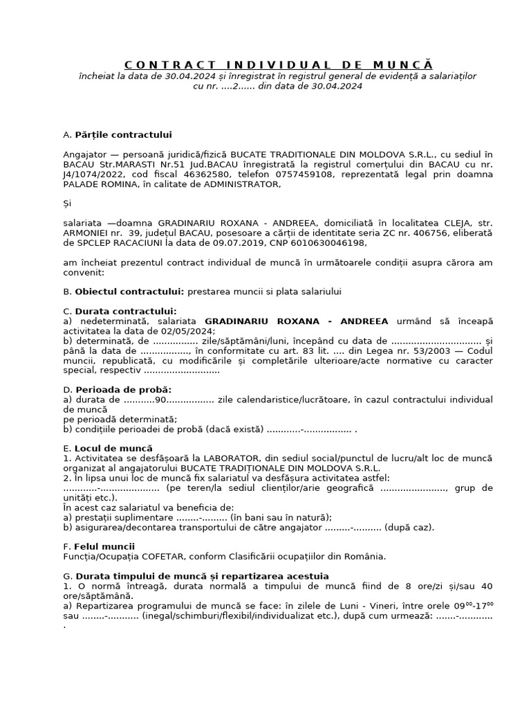 Contract Individual de Muncă Cofetar | PDF | Romania