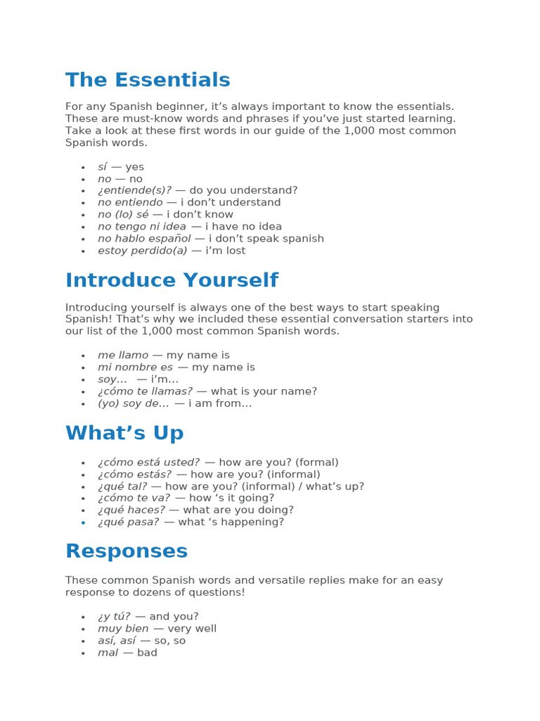 1,000 Essential Spanish Words Guide | PDF | Nausea