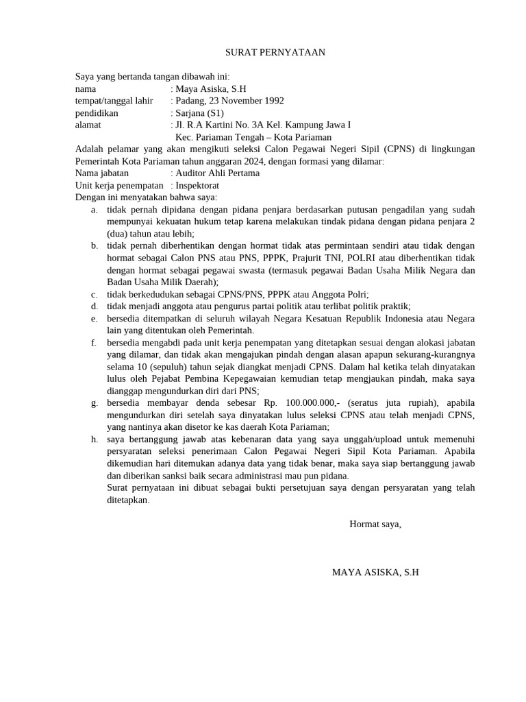 Surat Pernyataan Maya Asiska | PDF