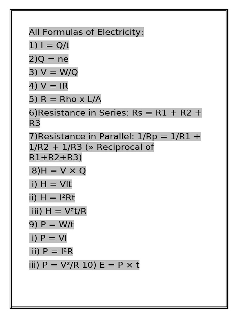 Physics Electricity Formula Sheet | PDF