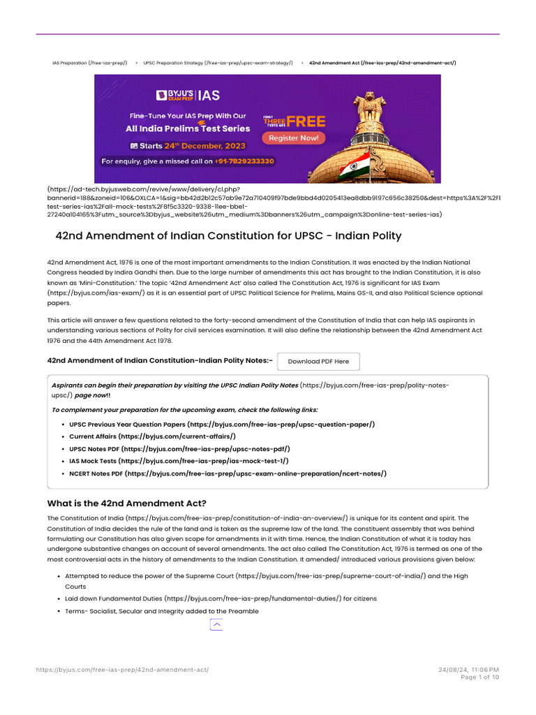 42nd Amendment of Indian Constitution - Indian Polity Notes | PDF