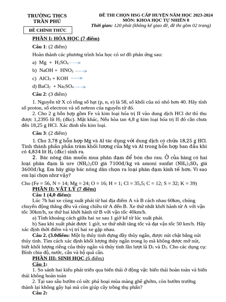 KHTN 8 - THCS TRẦN PHÚ (GỘP) | PDF