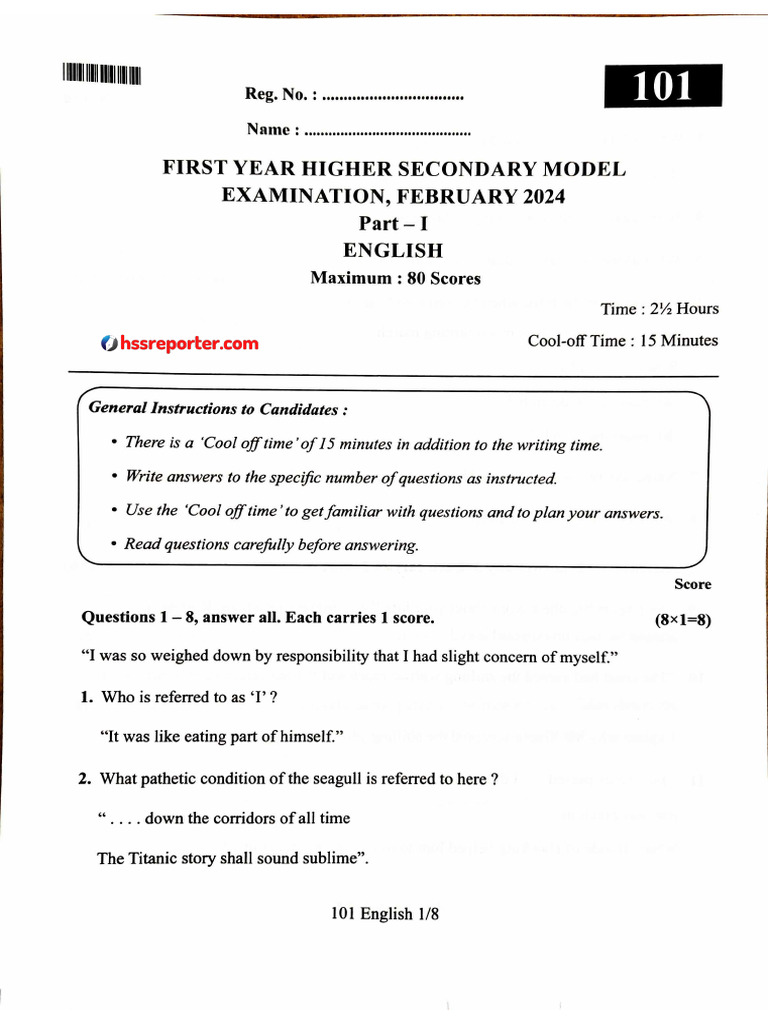 Plus One English Model Exam QP 2024 - Hssreporter - Com | PDF