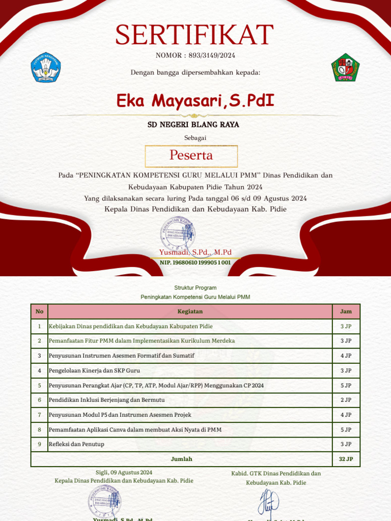 Eka Mayasari, S.PdI Sertifikat PENINGKATAN KOMPETENSI GURU MELALUI PMM | PDF