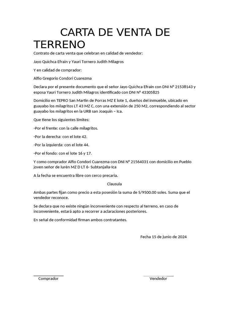 Carta de Venta de Terreno | PDF