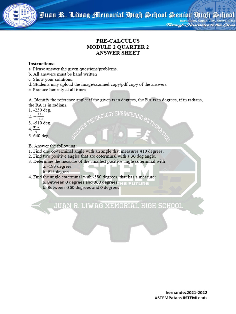 Pre Cal Module 2 Q2 Answer Sheet | PDF