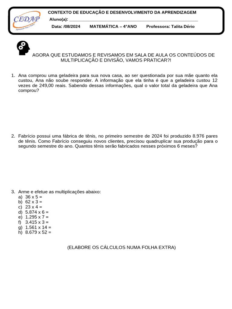 ATV MUL E DIV 4º Ano | PDF