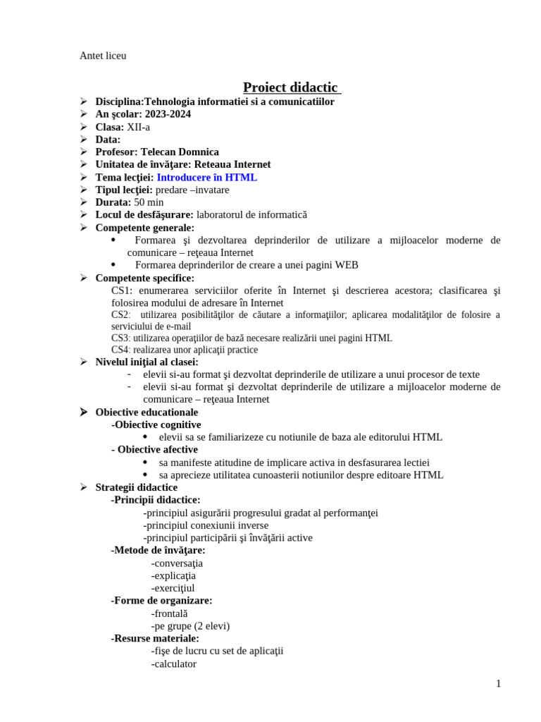 Proiect de Lectie Introducere in HTML | PDF