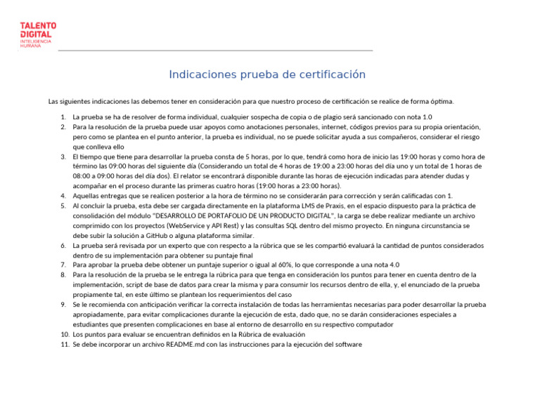 Indicaciones prueba de certificaciขn | PDF