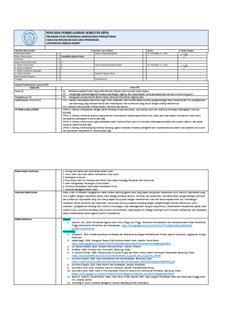 RPS - MKU - Agama - Islam - Ganjil - 2024 (PROGRAM STUDI PENDIDIKAN ADMINISTRASI PERKANTORAN) | PDF