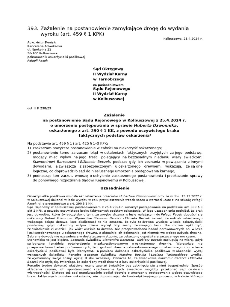 Zażalenie Na Postanowienie Zamykające Drogę Do Wydania Wyroku (Art. 459 ...