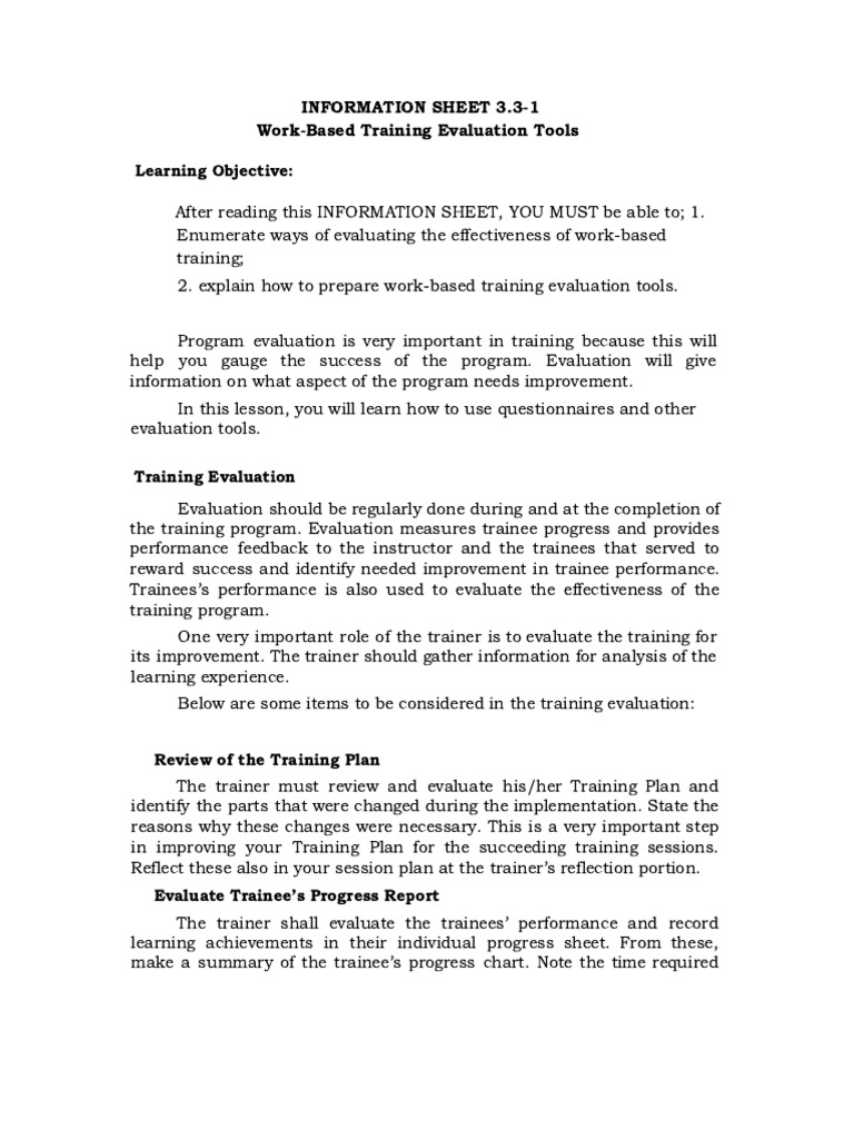 INFORMATION SHEET 3.3-1 Work-Based Training Evaluation Tools | PDF ...