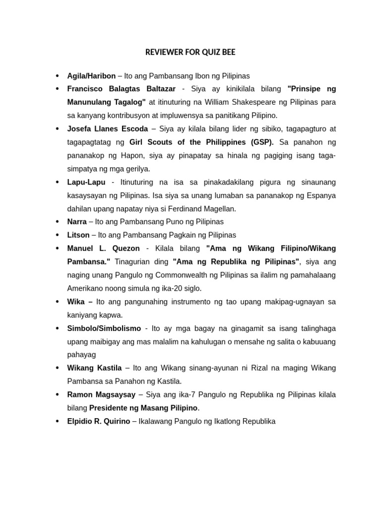 Reviewer For QuizBee | PDF | Philippines | History
