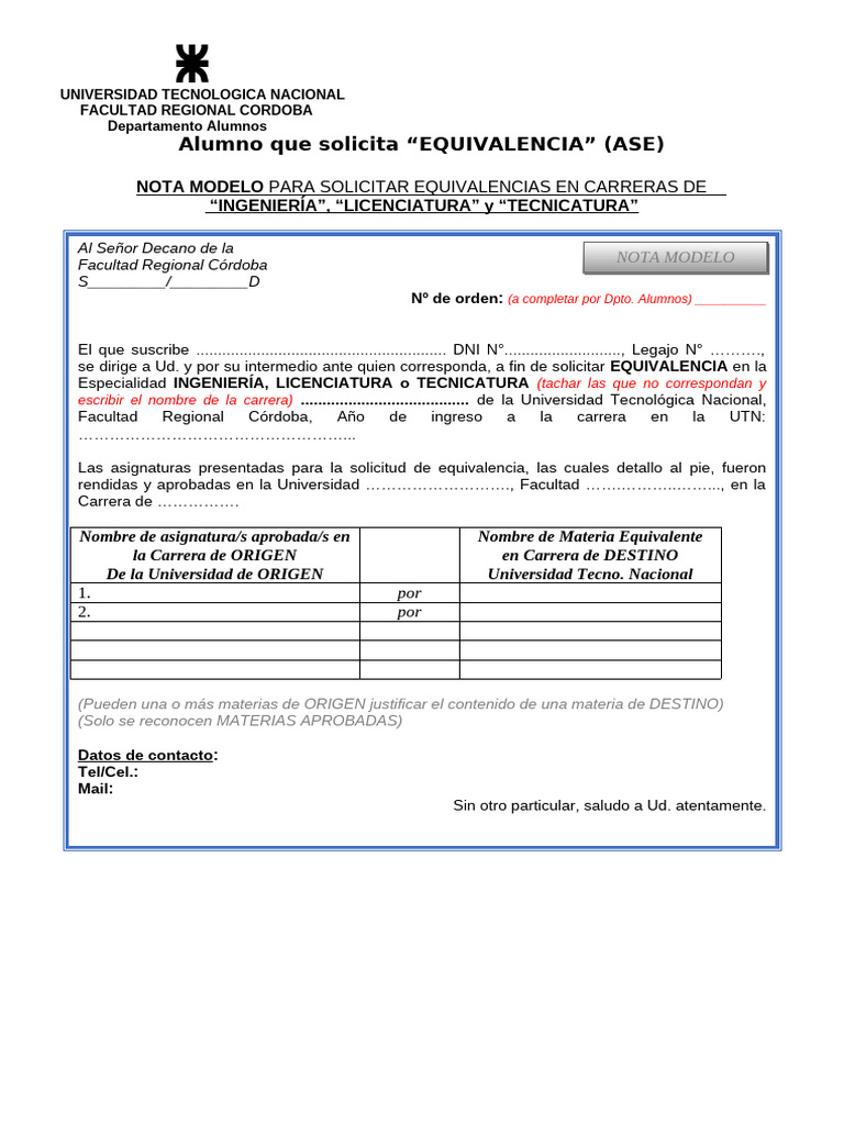 01 NOTA MODELO y REQUISITO Otra Univ ASE 2023 | PDF