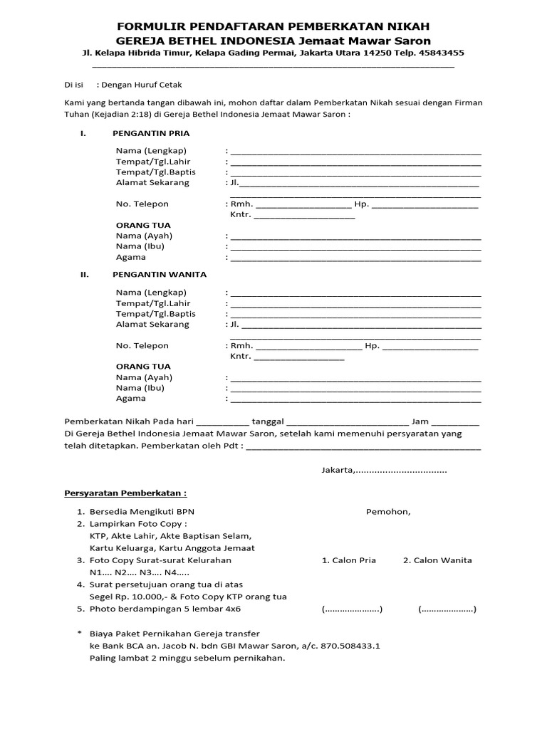 Formulir Pemberkatan Nikah - Gbi MS (Ok) | PDF