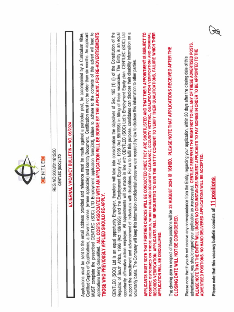 Centlec Vacancies | PDF