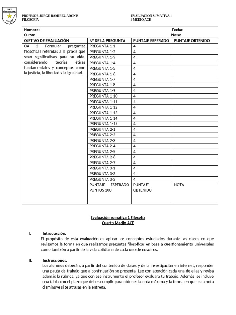 2024 EvaluaciÃ N Sumativa 1 FilosofÃ A. Cuarto Medio ACE. | PDF