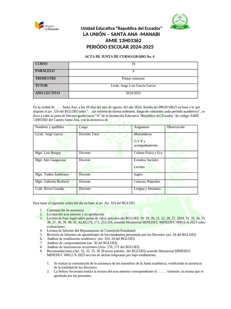 Acta de Junta de Curso DECIMO Formato 2024 | PDF