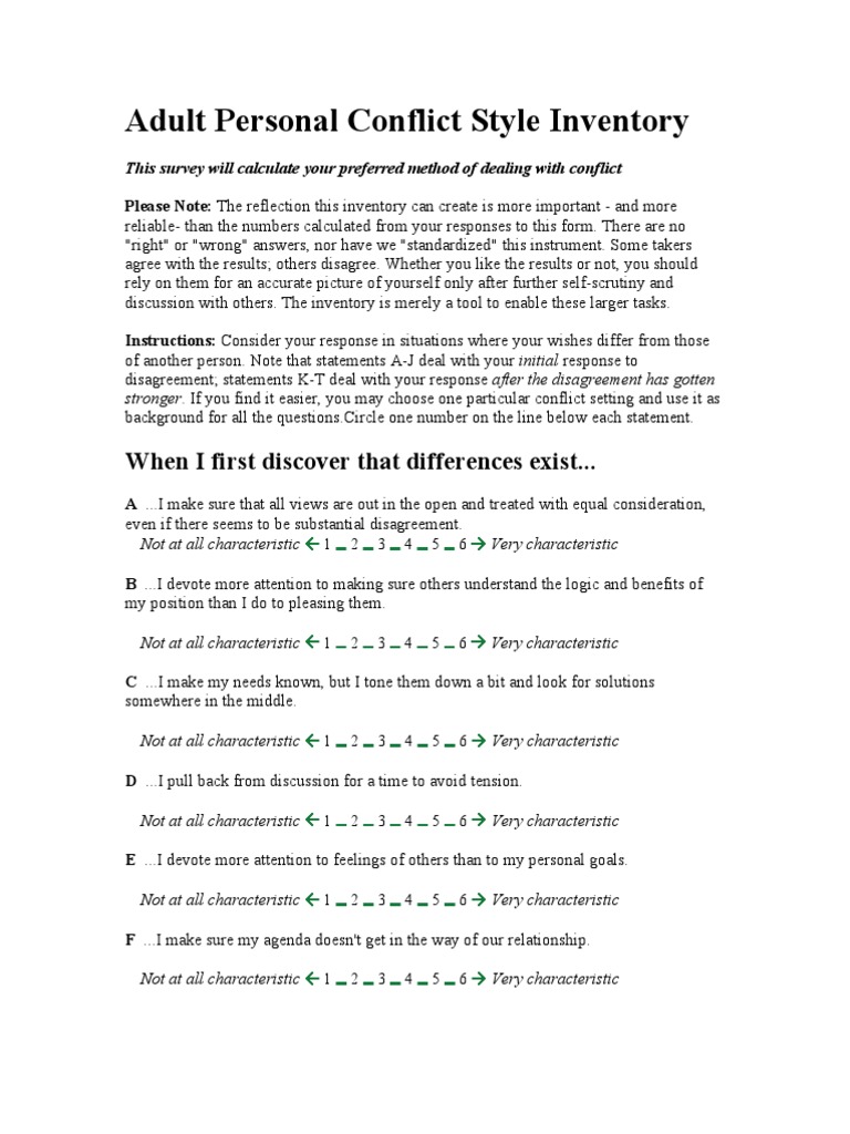 Adult Personal Conflict Style Inventory | PDF | Psychological Concepts ...