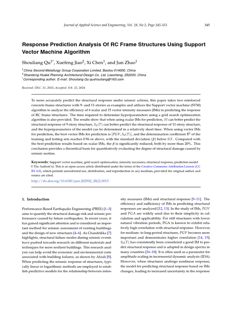 Response Prediction Analysis of RC Frame Structures Using Support Vector Machine Algorithm | PDF