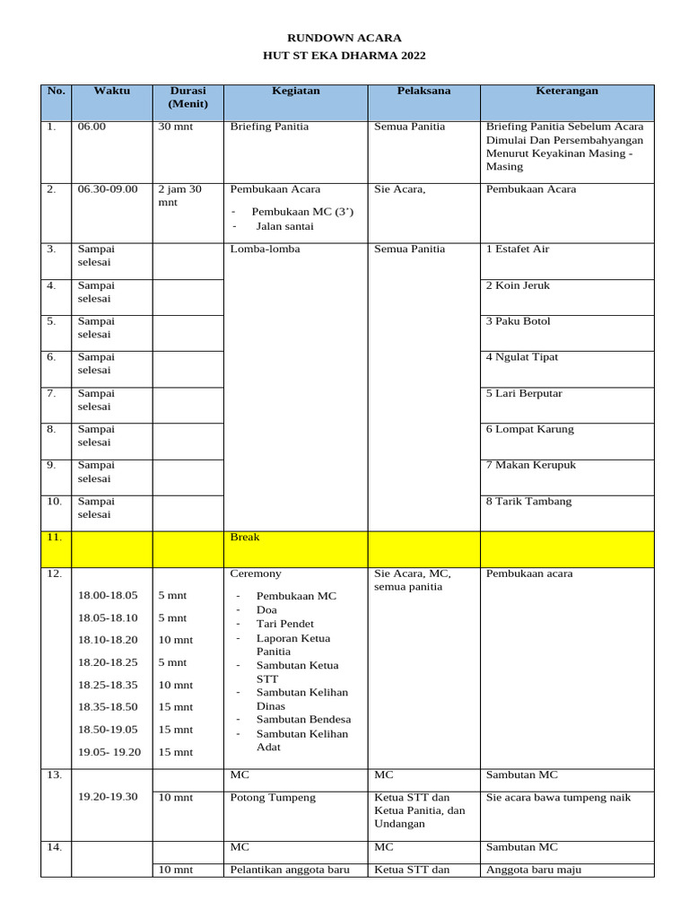 Rundown Acara Hut ST Eka Dharma | PDF