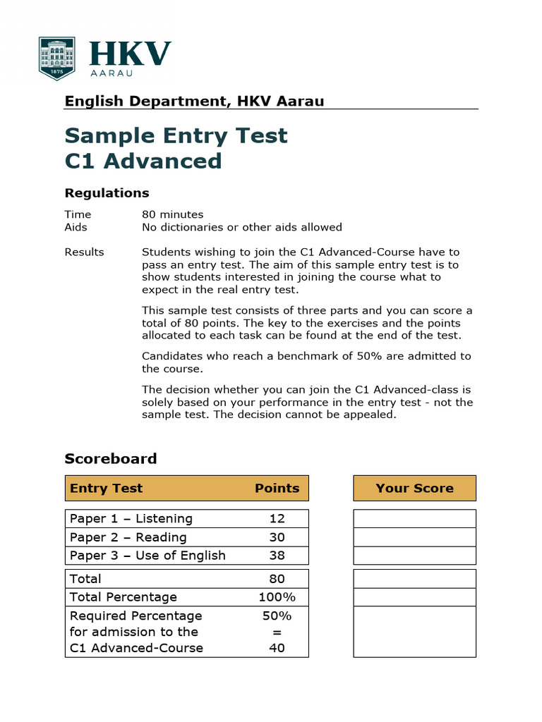 c1 Advanced Sample Entry Test Hkva-Bs Kat 002 | PDF