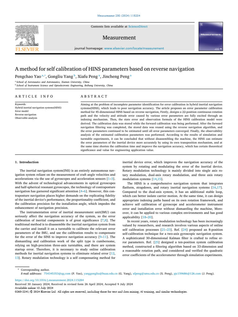 A Method For Self Calibration of HINS Parameters Based On Reve - 2024 ...