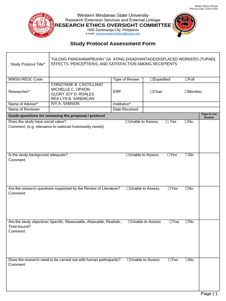 4 FR.004 Study Protocol Assessment Form | PDF