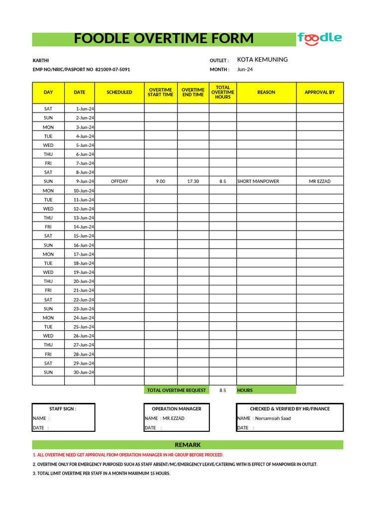 Foodle New Ot Form | PDF
