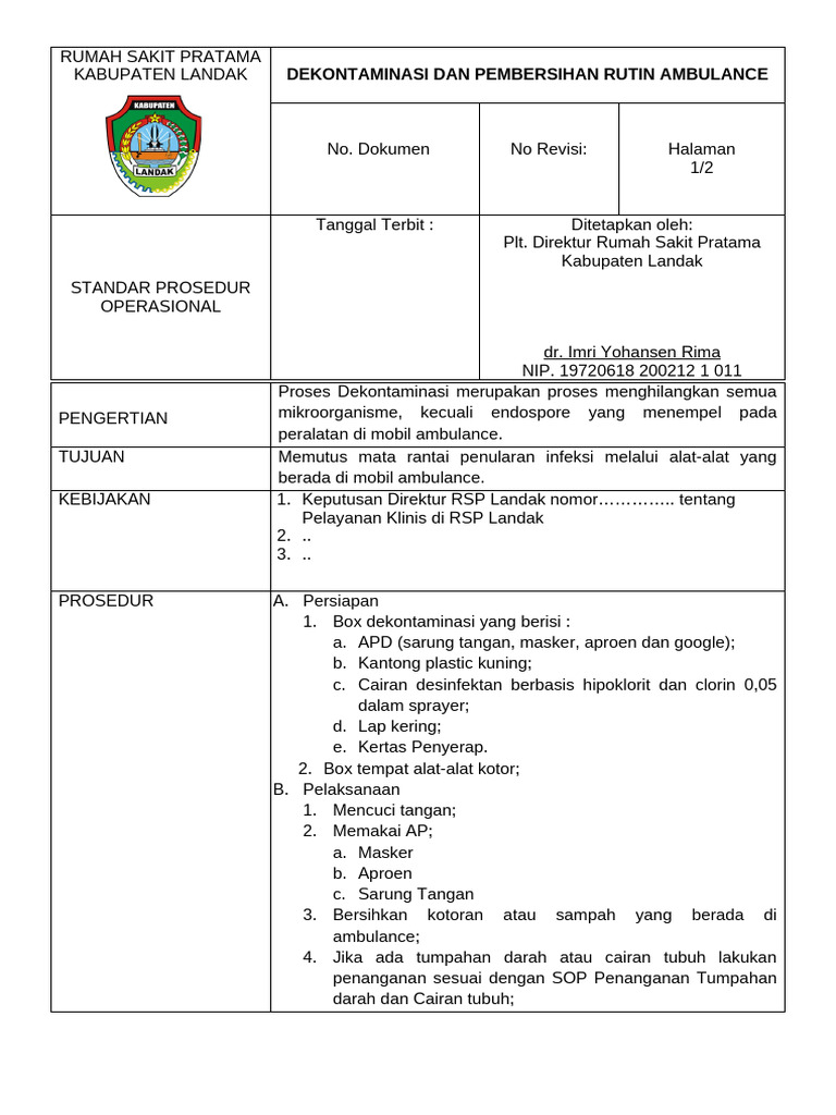 03.sop Dekontaminasi Dan Pembersihan Rutin Ambulance | PDF